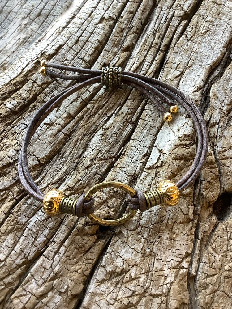 Bracelet cordon cuir marron et doré - Iguan